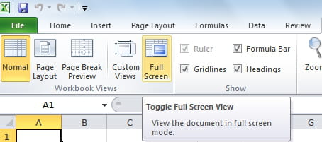 Excel 2010 - Toggle fullscreen view