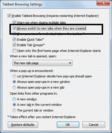 Internet Explorer - Automatically switch to new opened tab